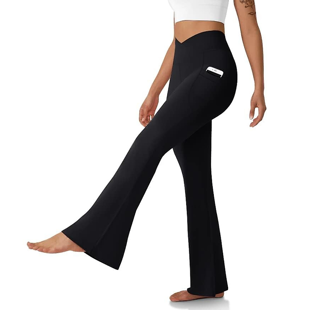 DLOODA Women's Flare Leggings with Pockets-Crossover High Waisted Bootcut Yoga Pants-Tummy Control Bell Bottom Leggings Black