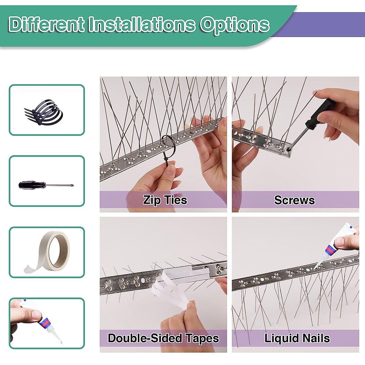 XPCARE 50.4 Feet Bird Spikes, Stainless Steel Bird Spikes Fence Spikes for Crow Robin Pigeon Squirrel Raccoon Defender Spikes (48 Packs Uninstalled)