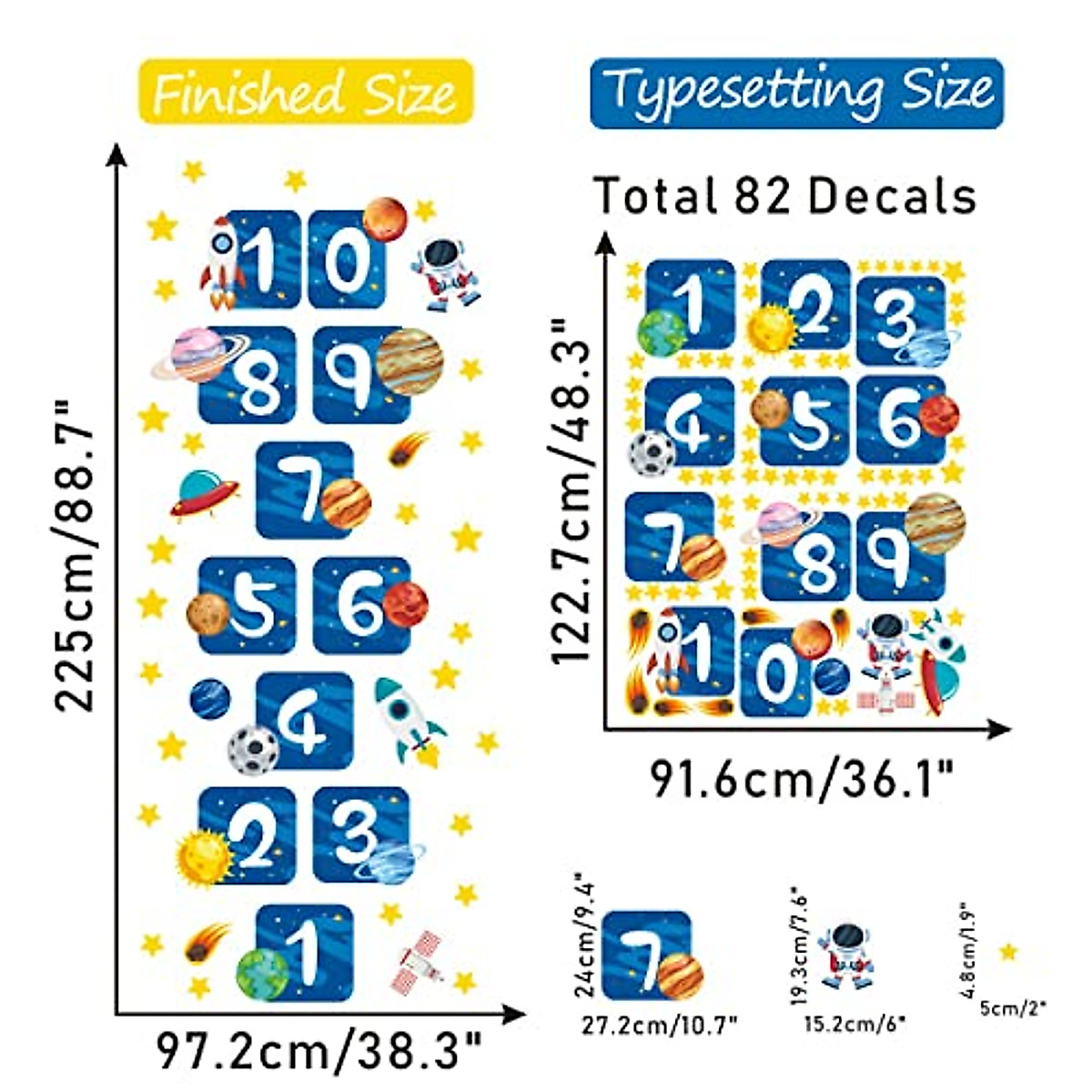 IARTTOP Funny Astronaut Number Hopscotch Decals,Outer Space Floor Stickers,Cartoon Starry DIY Digital Planet Rocket Game Decal for Nursery Kid Room Decor,Children's Floor Tile Sticker