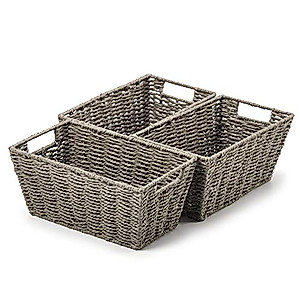 EZOWare 3 Durable Paper Rope Woven Storage Baskets, Braided Multipurpose Organizer Bins with Handle for Kids Baby Closets, Room Decor, Dog Cat Toys, Gift Baskets Empty - Gray