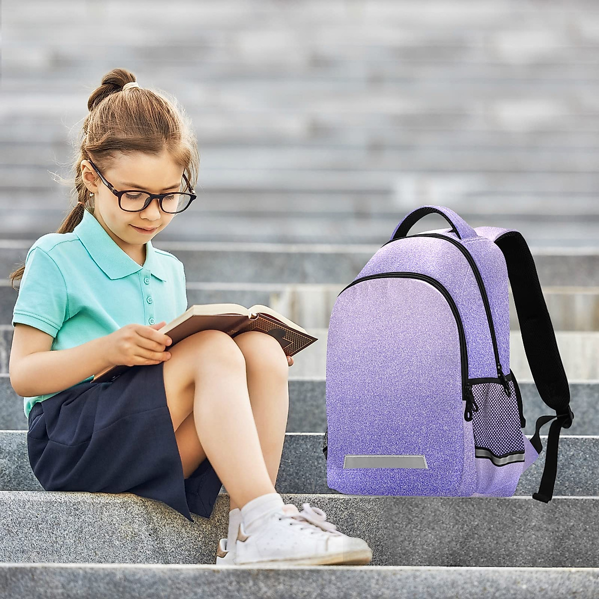 Ombre Purple Glitter Laptop Backpack Backpack Bookbag Travel Bag Casual Daypack With Chest Strap for Boys Girls