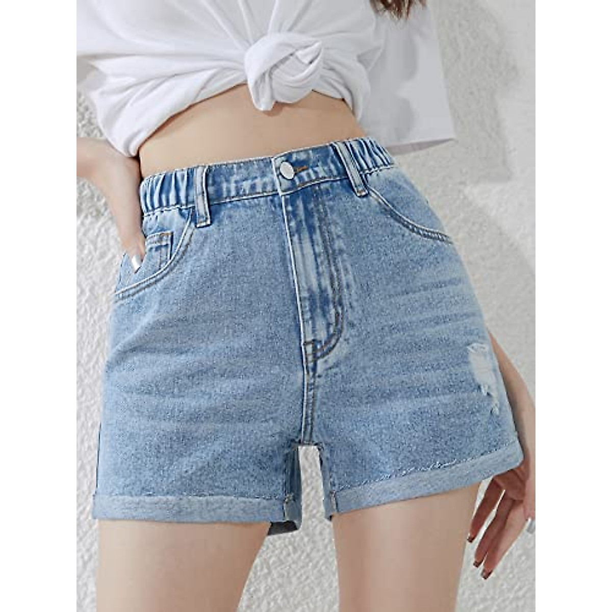 SweatyRocks Girl's Elastic Waist Ripped Jean Shorts Roll Up Hem Straight Leg Hot Pants Denim Shorts Light Wash 12-13Y