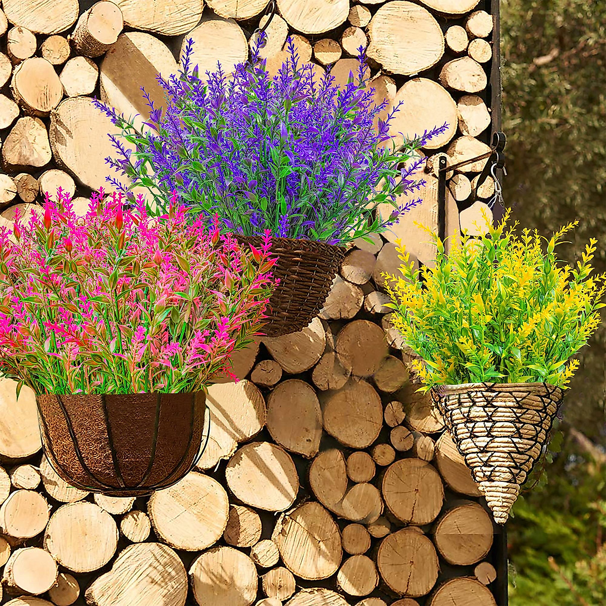 AUMVEYI 4 Bundles Artificial Lavender Mums Flowers Outdoor Fake Plants UV Resistant Faux Greenery Plastic Bouquet Bulk Decoration for Home Outside Garden Porch Hanging Planter Farmhouse Decor (Yellow)