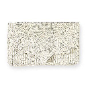 White Flower Scallop Pearl Clutch Bag, Bride Clutch, Hand Beaded Purse, Evening Bag, Gifts for Engagement, Bridal Shower, Bachelorette, Wedding Party