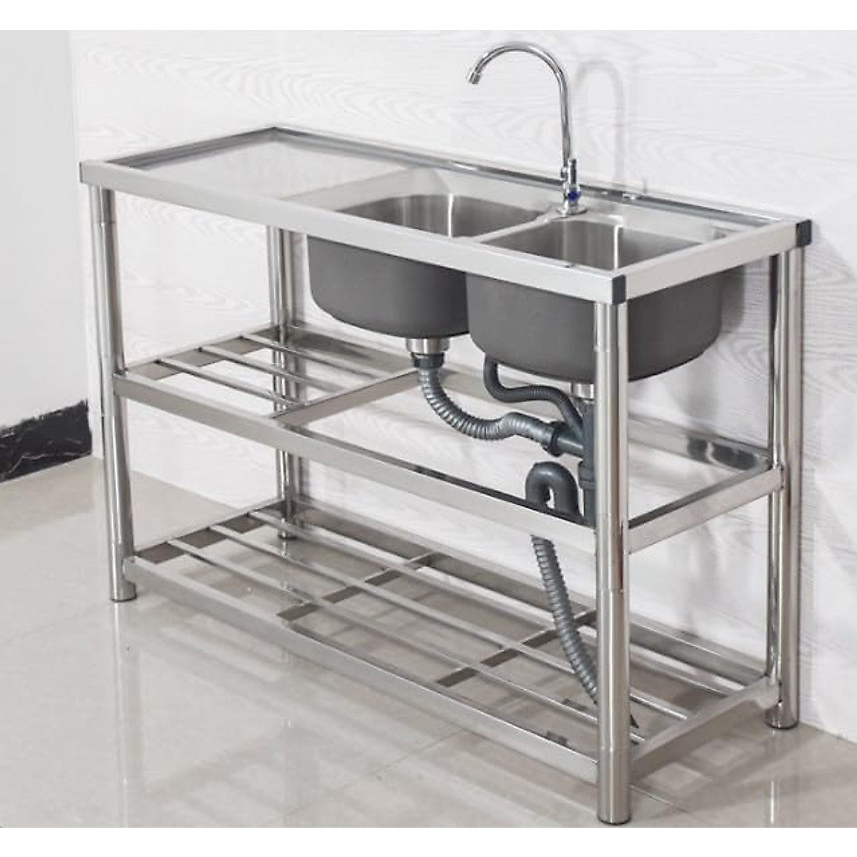 TBVECHI Commercial 304 Stainless Steel Sink 2 Compartment Free Standing Prep & Utility Sink, Large 2 Bowls Sink for Garage, Restaurant, Kitchen, Laundry Room, Outdoor (2 Compartment Sink)