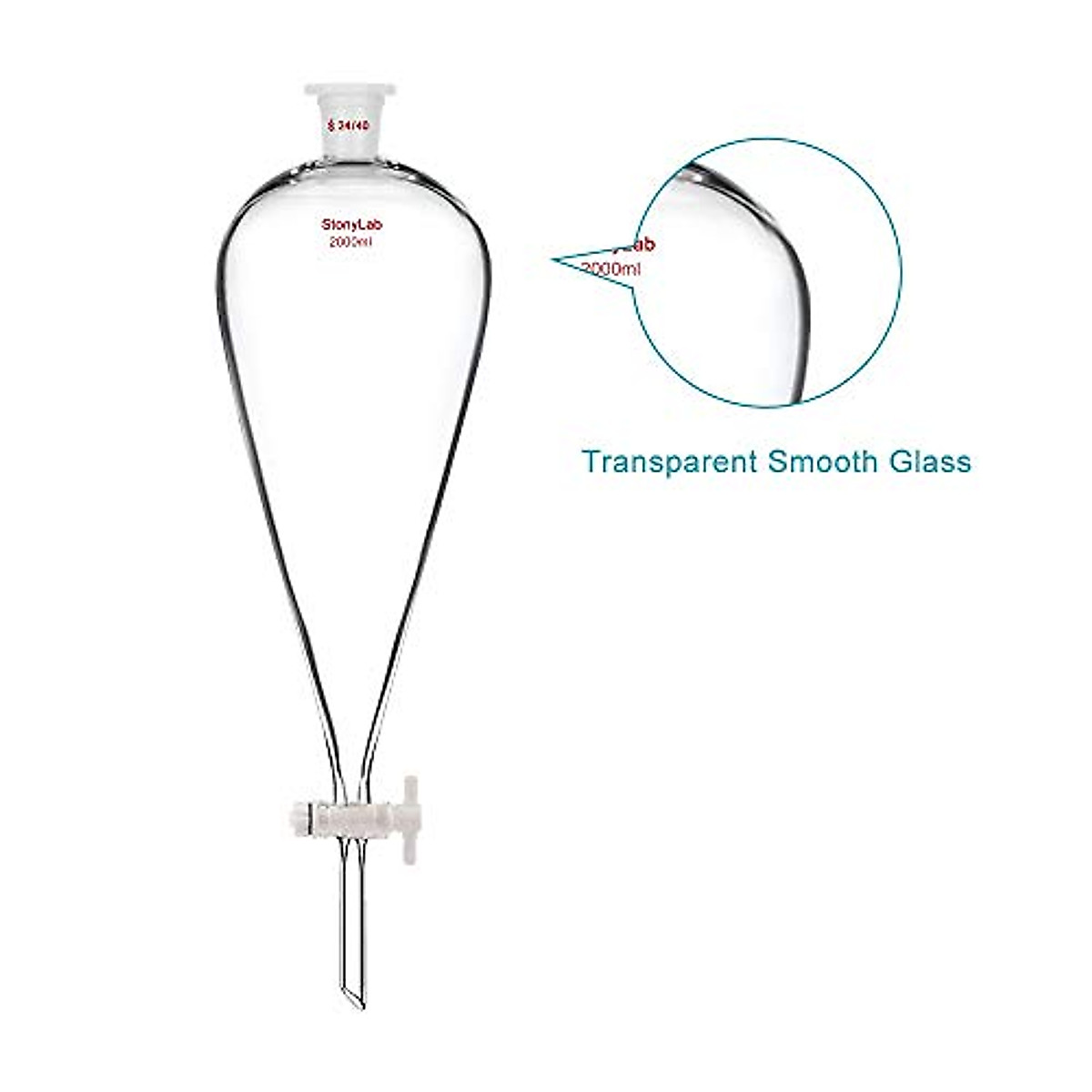 StonyLab Borosilicate Glass 2000 ml Heavy Wall Conical Separatory Funnel with 24/40 Joints and PTFE Stopcock, 2 L (2 Liter)