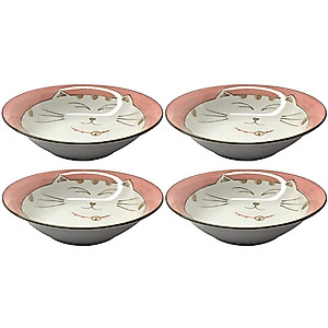 JapanBargain 2478x4, Japanese Porcelain Bowls Shallow Soup Bowls Smiling Kitty Cat Made in Japan, 6.75-inch, Pink