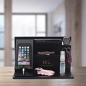 Wood Phone Docking Station Key Holder Wallet Stand Watch Organizer for Men Husband Dad - Anniversary Birthday Father Black Walnut