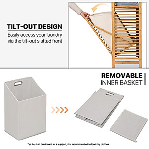 MoNiBloom Tilt-Out Laundry Cabinet with Foldable Hamper, 2-Tier Bamboo Freestanding Storage Cabinet with Basket, 37.5" High Dirty Clothes Bag Shelf for Laundry Room Bathroom Bedroom Closet, Natural