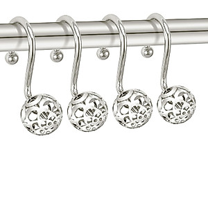 Chictie Nickel Shower Curtain Hooks - Decorative Shower Curtain Rings,Set of 12 Silver Metal Rustproof Shower Hangers for Bathroom Curtains Rods Hollow Ball Design