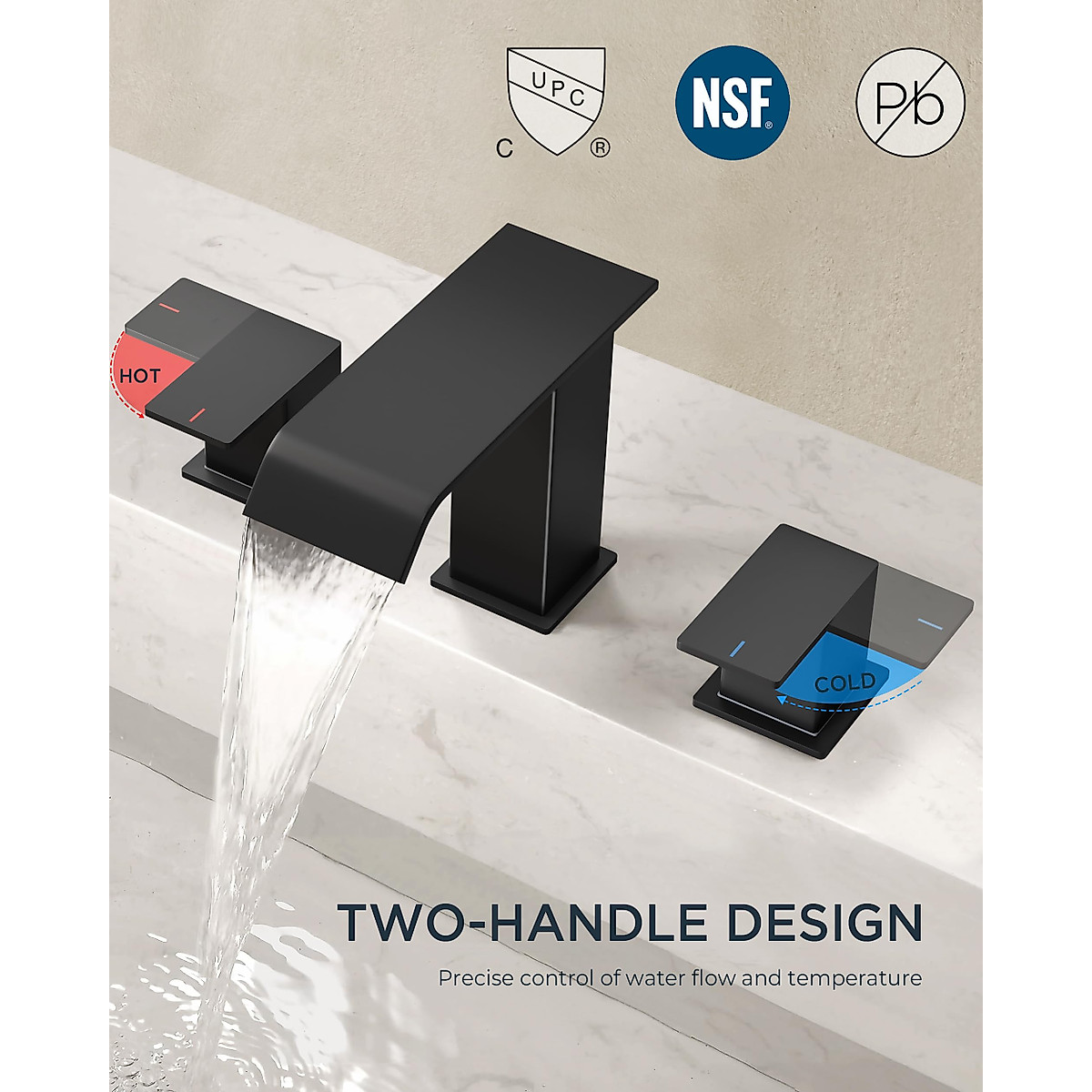 FORIOUS Bathroom Faucets, Black Bathroom Faucet 3 Hole, Waterfall Matte Black Bathroom Faucet with Pop-up Drain and Supply Lines, 8 Inch Widespread 2 Handle Faucet for Bathroom Sink Vanity RV