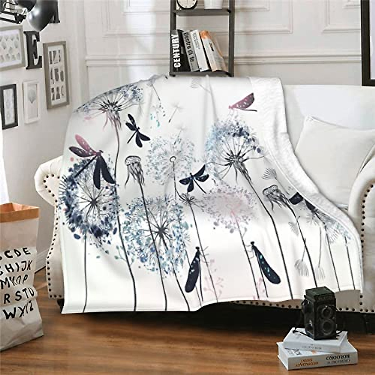 Elegant Dandelion and Dragonfly Soft Throw Blanket All Season Microplush Warm Blankets Lightweight Tufted Fuzzy Flannel Fleece Throws Blanket for Bed Sofa Couch 80"x60"
