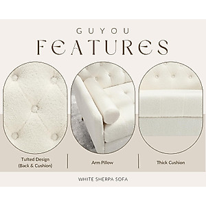 Guyou 60'' Loveseat Sofa Couch, White Sherpa Upholstered 2-Seat Love Sofa Chair with Arms for Living Room Tufted Small Couch Sofa with Removable Cushion and Gold Legs