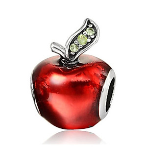 Red Enamel Apple with Green Crystals Charm Bead for Bracelets
