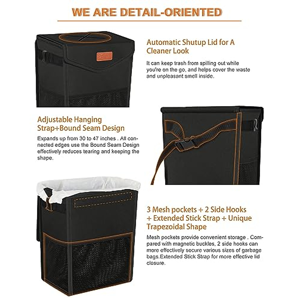 Pritent Car Trash Can with Lid, Cute Leakproof Car Trash Garbage Bag Hanging Vehicle Trash Bin Small Portable Automotive Garbage Cans Organizer for Back/Front Seat/Console(Trapezoid,Black)