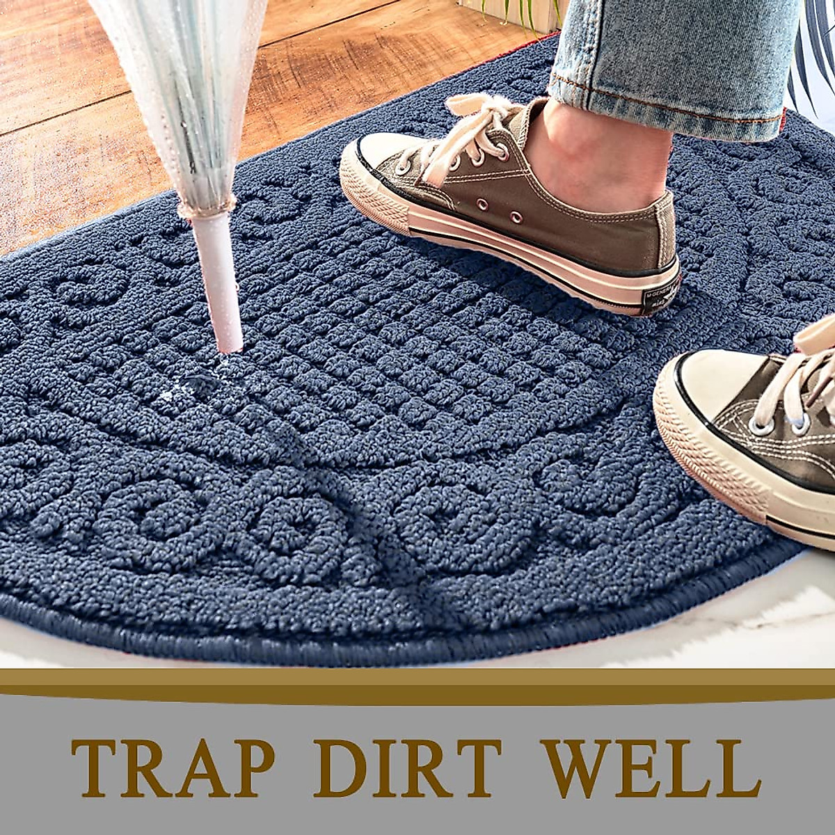 Half Circle Door Mat Indoor 18"X30",Half Round Non Slip Machine Washable Entryway Rug for Front/Back Outdoor, Absorbent Low Profile Inside Entrance Floor Mat for Muddy Wet Shoes and Paws-Navy…