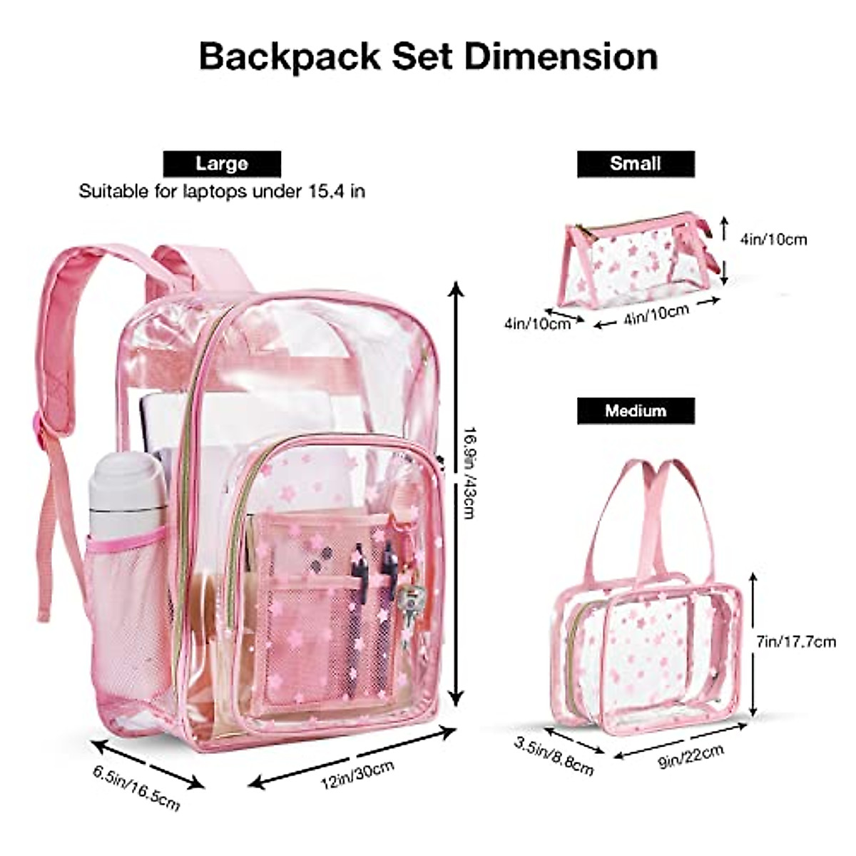 Feolaviy Clear Backpack Stadium Approved Backpack for Girls 3 Clear Stadium Backpack Set Heavy Duty Transparent Bookbag See Through PVC School Bag Transparent Backpack