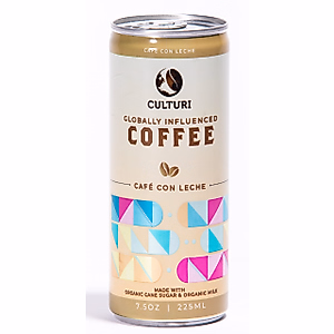Culturi Organic Canned Coffee - All Natural Non-GMO Cold Brew Coffee with Whole Milk and Cane Sugar - Cafe Con Leche - Preservative Free, Shelf Stable, Best Served Cold (12 Pack of Cans)