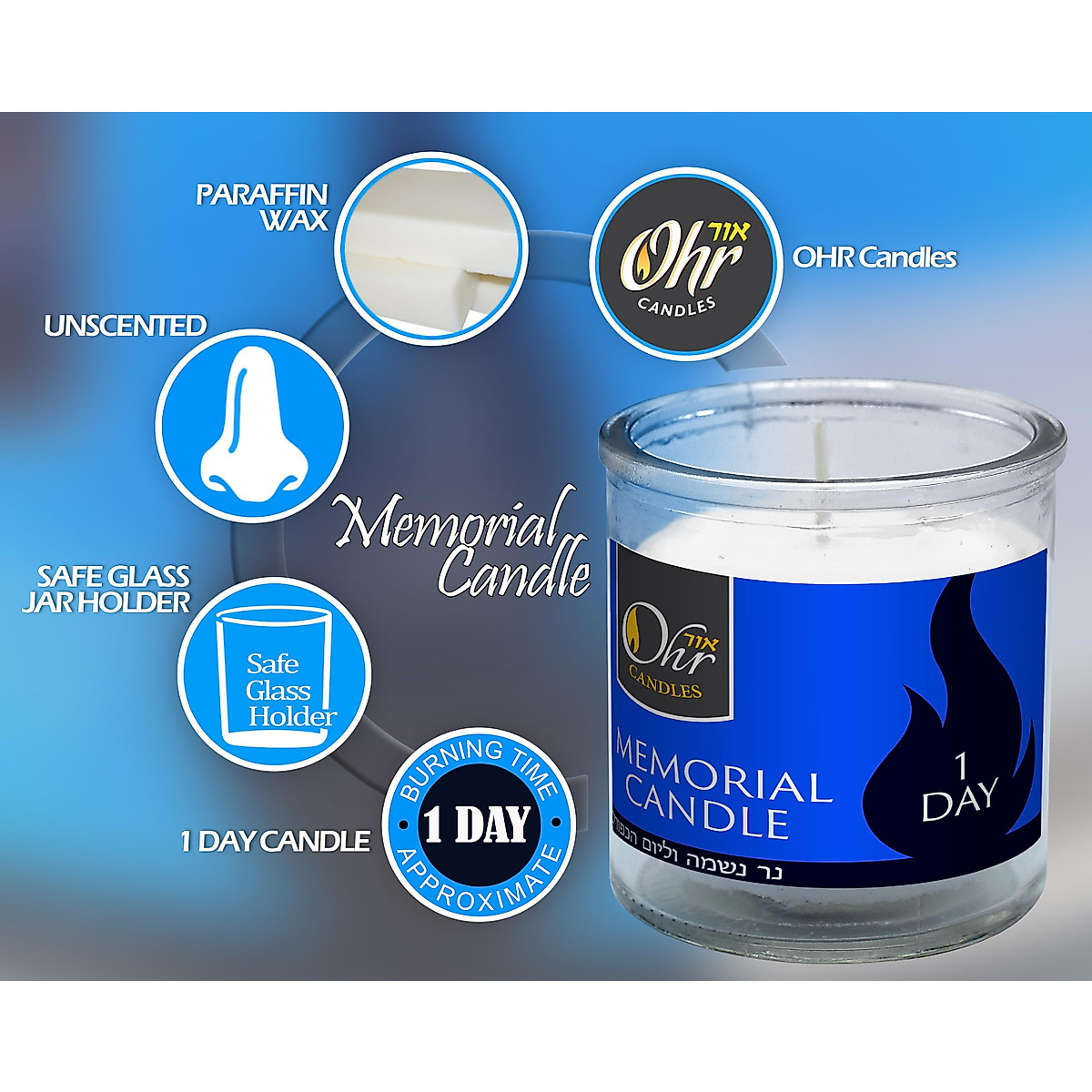 Ohr Candles Yahrzeit Memorial Candles - 1 Day Yahrzeit Candle - Yartzeit Candles 24 Hour Yom Kippur Jewish Candles in Glass Tumbler - 6 Pack