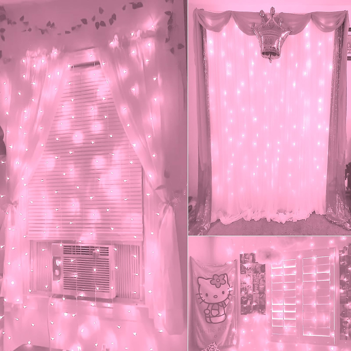 amadecohome Curtain Lights, Pink Room Decor 8 Modes LED String Lights for Garden, Teen Girls' Room, Party, Window, Wall and Valentines Day Decor