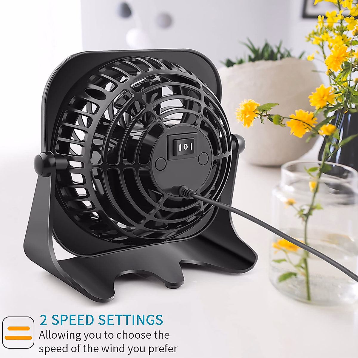 4 Inch Mini USB Desk Fan Quiet, 2 Speeds, Lower Noise, USB Powered, 360° Up and Down, 3.8 ft Cable, Powerful Desktop Fan for Home Office Room
