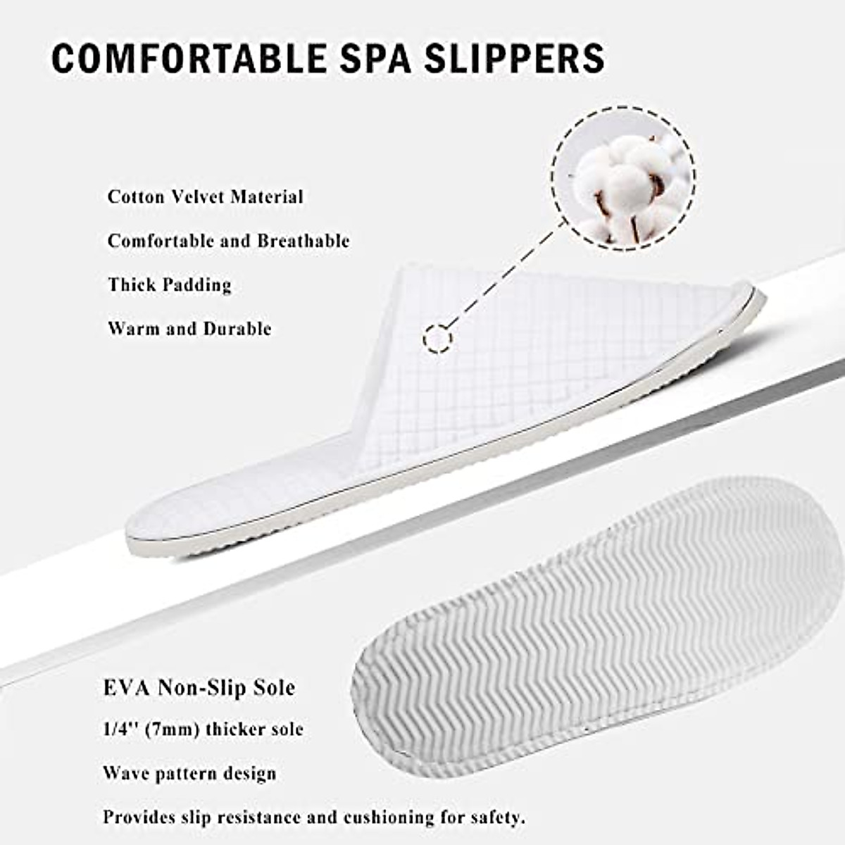 Anmerl Spa Slippers for Men and Women - Premium Bulk Hotel Slippers - Breathable Soft Cotton House Guest Slippers - Non Slip, Washable, Reusable - 10 Pairs (White, US 10-12)