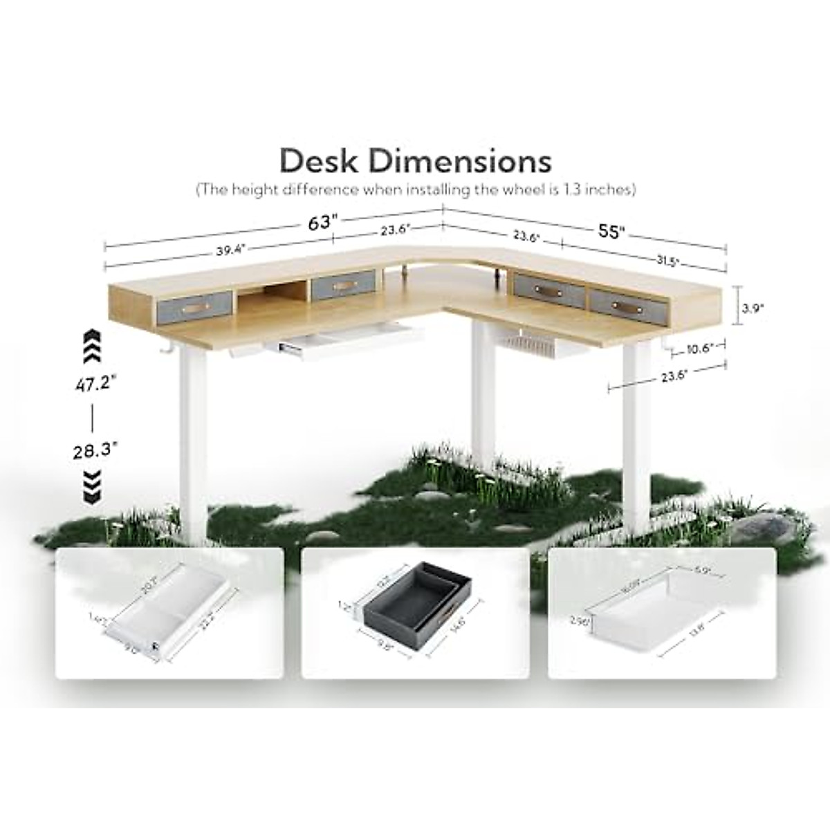 INNOVAR Triple Motor L Shaped Standing Desk with Drawers, Solid Wood Adjustable Corner Stand Up Desk, 63" Electric Standing Desk for Home Office, White Frame/Nature Top