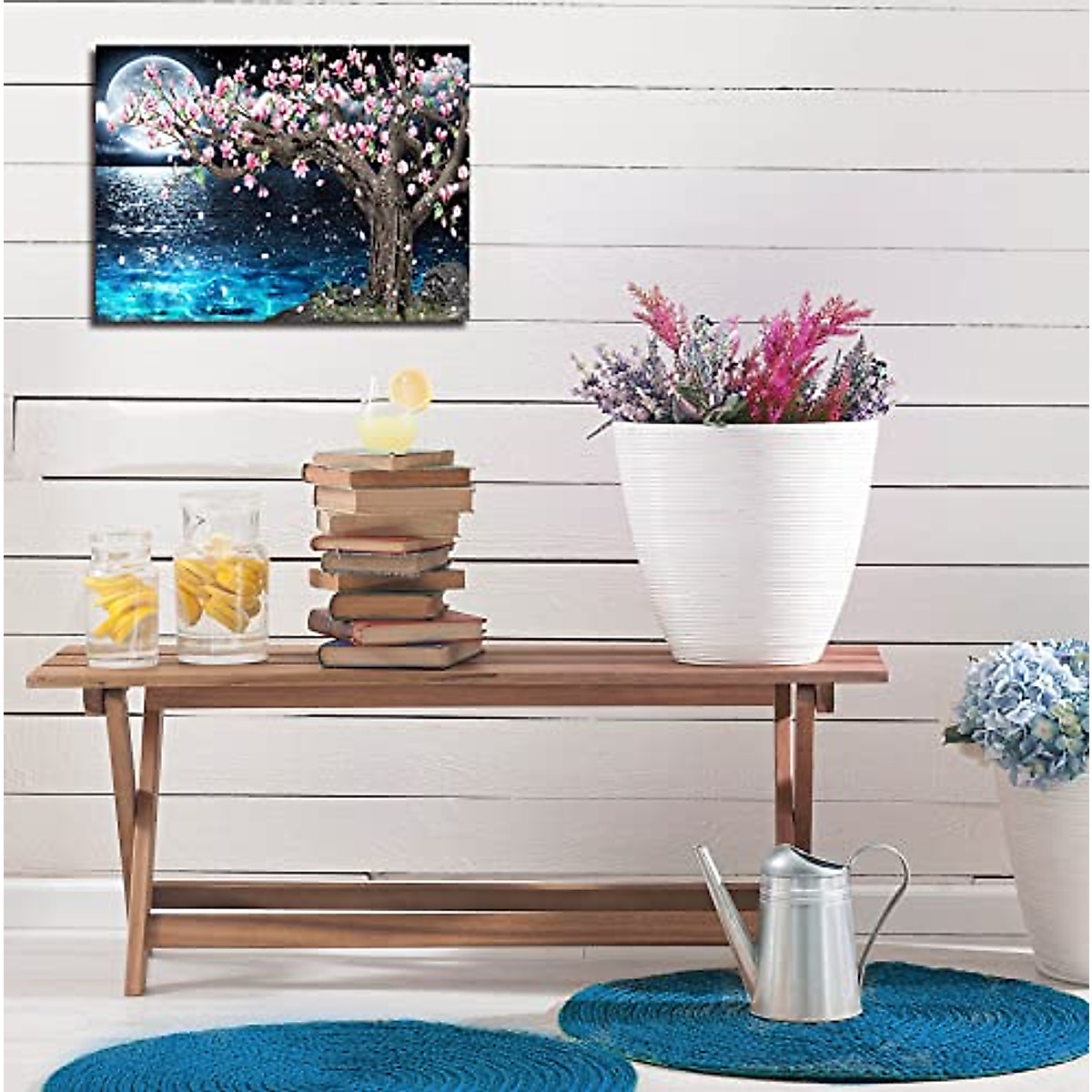 Magnolia Tree Wall-Art For Bedroom - Pink And Blue Wall Decor - Moon Framed Canvas Art Picture 16" x 12"