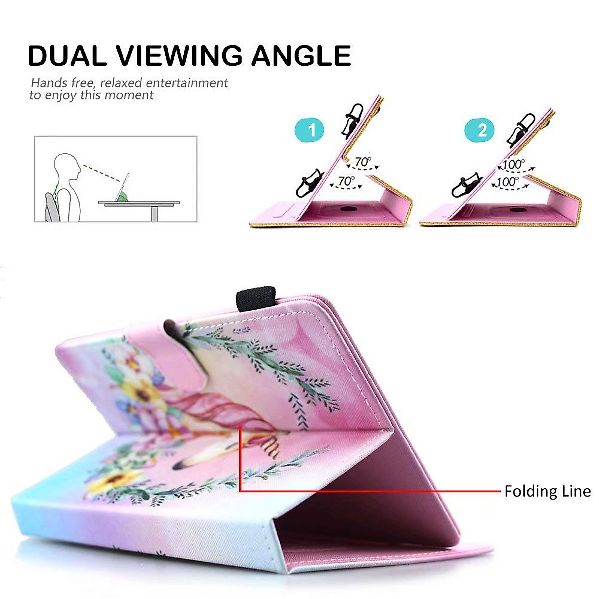 Universal 8.0" Tablet Case, AMOTIE Wallet Stand Cover Shockproof Case for iPad Mini 1 2 3 4 5/ Galaxy Tab E 8.0/ Tab A 8.0/ Fire HD 8 and More 7.5-8.5 inch Tablet， Pink Unicorn
