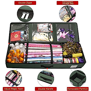 CGBE Wrapping Paper Storage for 40 Inch Gift Wrap Storage Container Bag with Pockets Underbed Gift Wrap Organizer Bags, Wrapping Paper Rolls, Ribbon, and Bows 42W x 14D x 5H -Green (Not Include Gift-Only Bag)