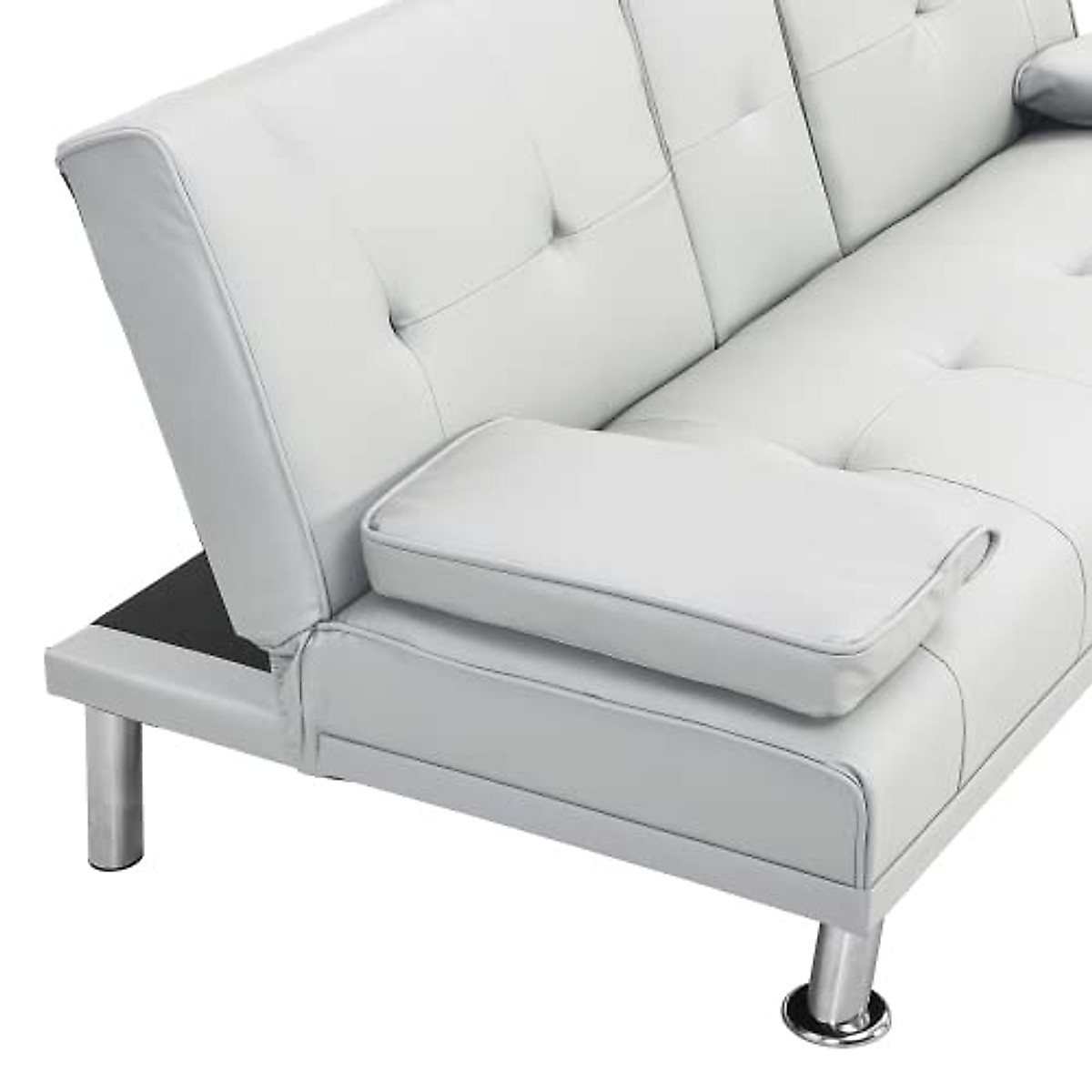 anwickjeff Convertible Folding Futon Sofa Bed with Metal Legs & 2 Cupholders, Modern Faux Leather Upholstered Couch Loveseat Sleeper, Folding Couches Bed, Removable Armrests for Small Spaces (White)
