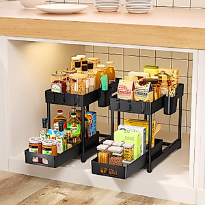 Under Sink Organizers and Storage, 2 Pack Multi-purpose Under Sink Organizer with Sliding Storage Drawer with 8 Hooks and 2 Hanging Cups, 2 Tier Under Sink Storage for Cabinet Bathroom Kitchen, Black