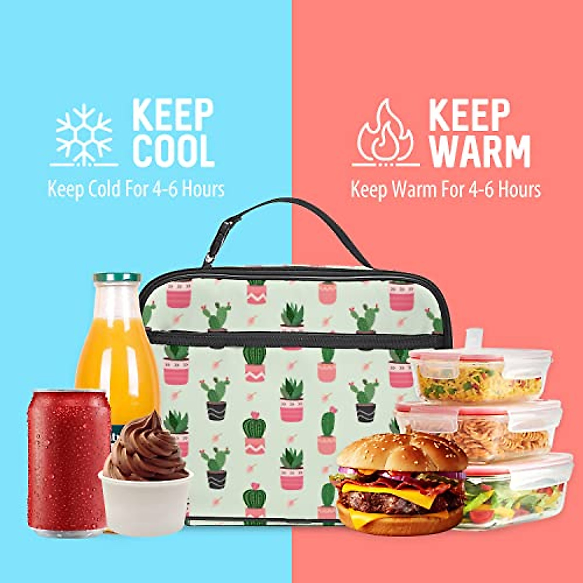 Insulated Lunch Bag for Kids, Leakproof Reusable Boys Girls Lunch Box Container with Detachable Buckled Handle, Durable Nylon Cooler Lunch Tote with Side Pocket for Work School Adult (Green Cactus)