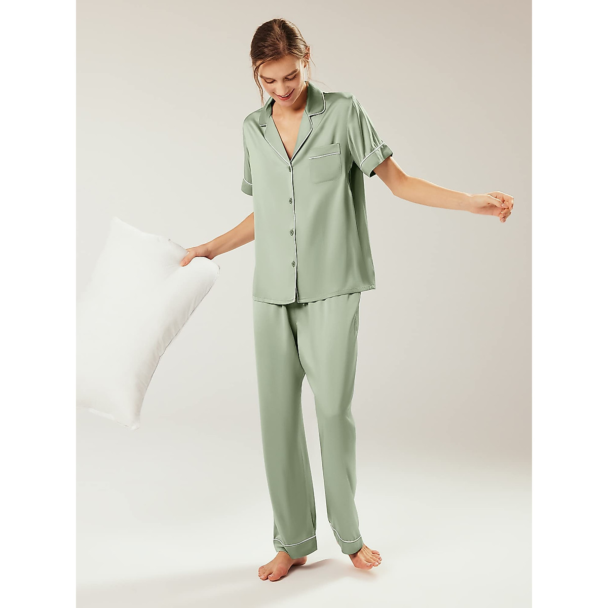 AW BRIDAL Silk Pajamas for Women Satin Pajama Set Button Up Bride Bridesmaid Pajamas Sleepwear Loungewear, Sage Green L