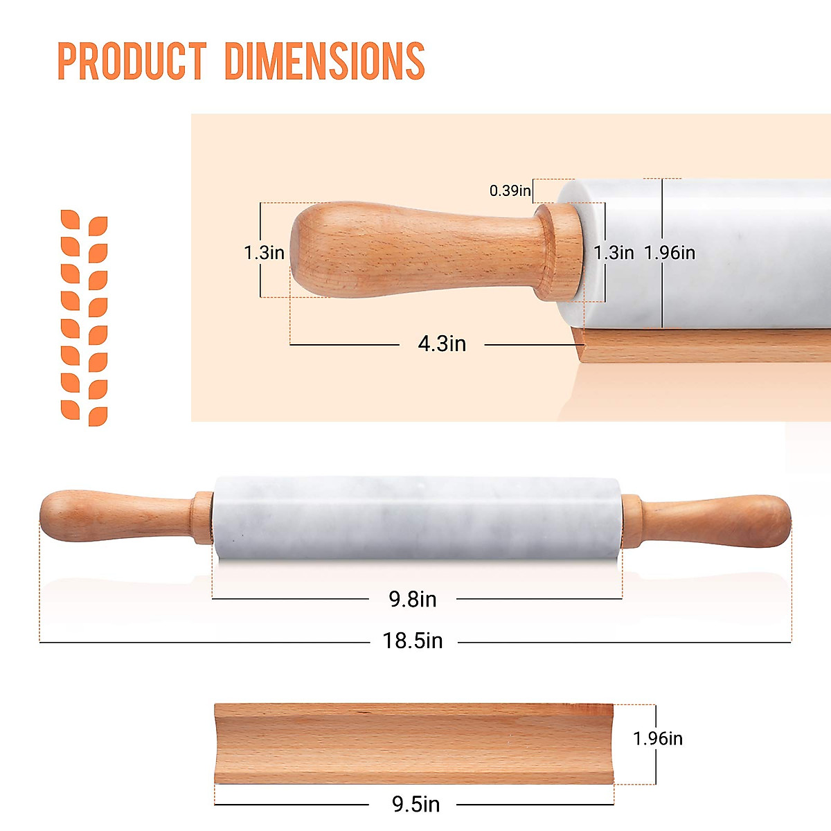 PARMEDU Solid Marble Rolling Pin Set with Wooden Base, Silicone Baking Mat and Dough Scraper, 10-inch Roller White, Model BK003
