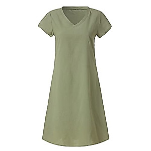 Ceboyel Summer Dresses for Girls Women Cotton Linen Short Dress Summer Shirt Dress V Neck Short Sleeve Beach Dresses Boho Ladies Clothing 2023 Green 2X