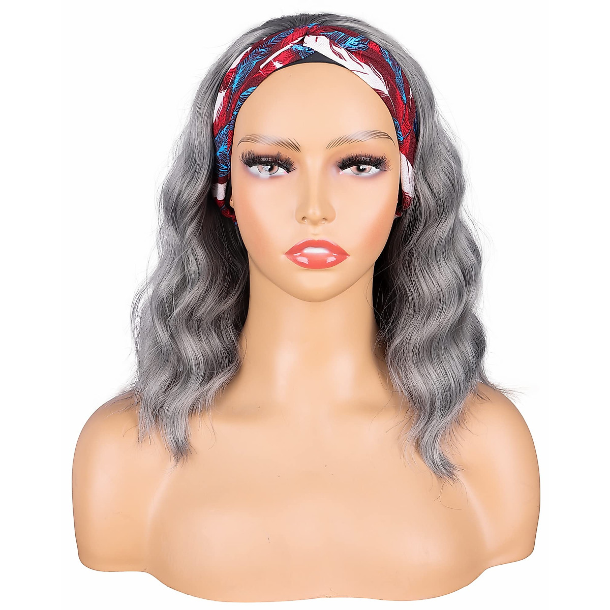 SYMEIW Silver Grey Wavy Headband Wig For Black Women Curly Half Wigs With Headband Attached Synthetic Wrap Wigs Turban Wigs For Women(Gray)…
