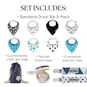 Dodo Babies Bandana Drool Bib Set – Eight 100% Cotton Bibs with Soft Polyester Lining, 2 Pacifier Clips, Binky Case, Blue Gift Bag for Baby Girl or Boy Shower – Adjustable Snap Fit for 3-24 Months