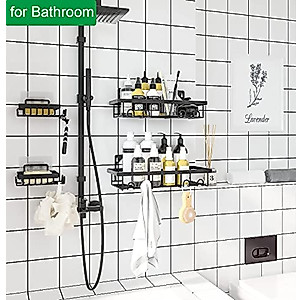 Adhesive Shower Caddy (2 Pack) with 2 Soap Dishes, Shower Shelf with Hooks, No Drilling/ Wall Mounted Shower Rack Rustproof Stainless Steel Shower Organizer for Inside Shower & Kitchen Storage (Black)