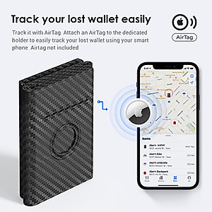 Trifold Wallet for Men with AirTag Holder, Smart Mens Wallet, Pop-Up Card Holder, Cash Slot, Carbon Fiber Case, RFID Blocking, Minimalist Slim Leather Groove Wallet, ID Window, with Gift Box
