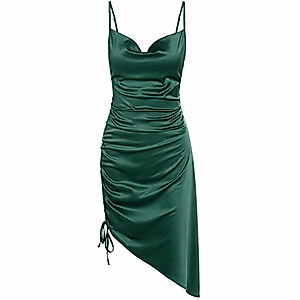 ZAFUL Women's Cocktail Dresses Asymmetric Satin Dress Cowl Front Midi Dress Split Silk Dress Valentines Day Dresses L