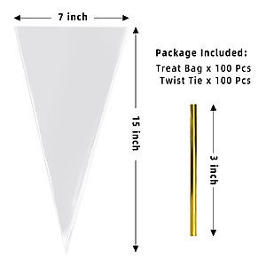 Morepack Cone Treat Bags, 100Pcs, 7x15 Inches, Clear Cellophane, with Twist Ties, for Treats, Popcorn, Candy, Party Favors