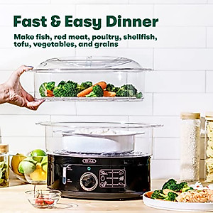 BELLA Two Tier Food Steamer, Healthy, Fast Simultaneous Cooking, Stackable Baskets for Vegetables or Meats, Rice/Grains Tray, Auto Shutoff & Boil Dry Protection, 7.4 QT, Black