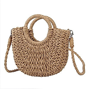 KUANG! Women Straw Beach Tote Handbag Hobo Round Handle Summer Handwoven Bags Small Purse with Strap