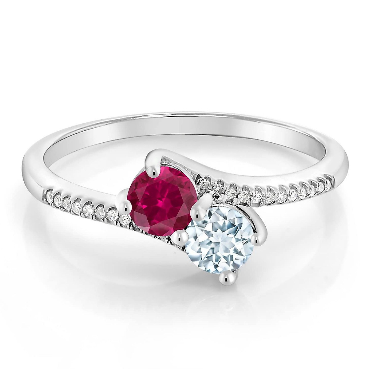Gem Stone King 10K White Gold Forever United 2 Stone Red Created Ruby and Sky Blue Aquamarine and Diamond Engagement Ring For Women (0.64 Cttw, Round, Avaiable in Size 5,6,7,8,9)