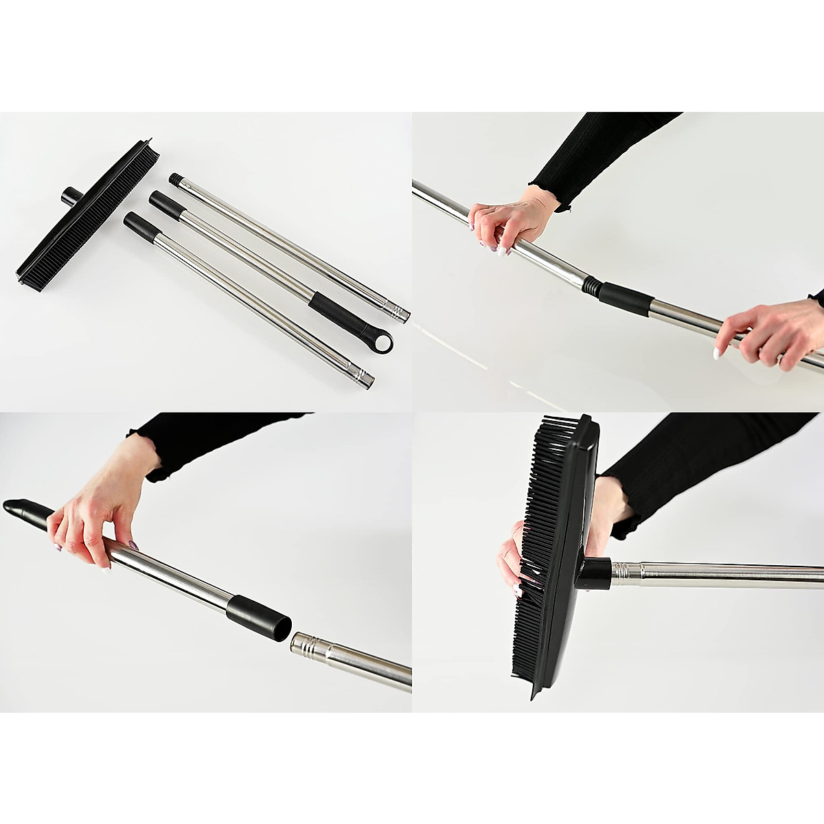 HOME-X Pet Hair Remover Broom, Carpet and Floor Broom, Adjustable Handle Length, Rubber Bristle Sweeper, Long Handled Squeegee, 48 ½” L x 12 ½” W x 2” H