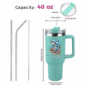 40 ounce insulated cup with handle, double-layer vacuum stainless steel material, equipped with straw, can keep warm or maintain cold drinks Summer Animal Dolphin Starfish Lake Green