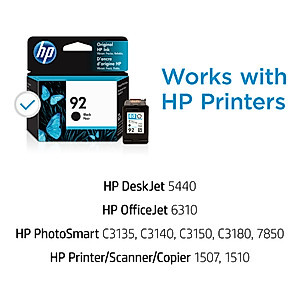 Original HP 92 Black Ink Cartridge | Works with HP DeskJet 5440; HP OfficeJet 6310; HP PhotoSmart C3100, 7850; HP PSC 1500 Series | C9362WN