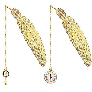 Metal Feather Bookmarks,2 Pcs 4.5inches Long Page Markers,Handmade Birthday Thanksgiving Christmas Gifts for Men Dad Husband Boys Student Teacher Readers Kids Boyfriend(Gold Key+Clock)