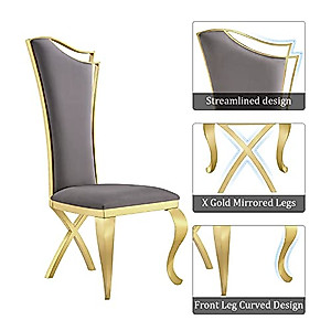 ACEDÉCOR Dining Room Chairs, Gray Velvet Upholstered Dining Chairs, Modern Dining Chairs with Gold Legs, Streamlined Back and Mirror X-Shaped Metal Legs, Gray high-Back Dining Chairs Set of 6